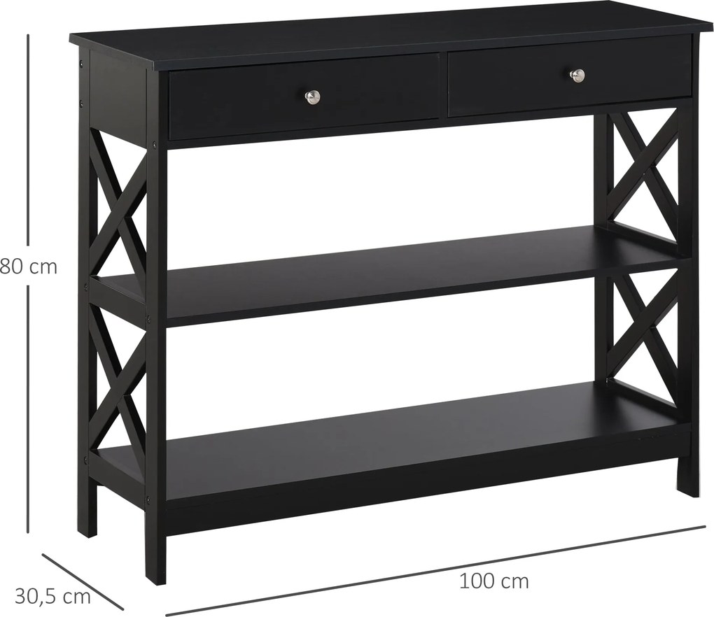 HOMCOM Moderní Konzolový Stolek do Předsíně se 2 Zásuvkami a 2 Spodními Policemi 100x30,5x80 cm Černý