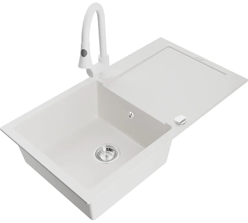 Mexen Leo, 1-komorový granitový dřez 900x500x190 mm a dřezová baterie Elia, bílá, 6501-20-670101-20