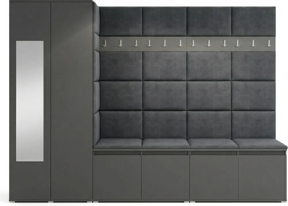 Předsíňová stěna Trinity 9 s čalouněnými panely, 290 cm, grafit/ tmavě šedá
