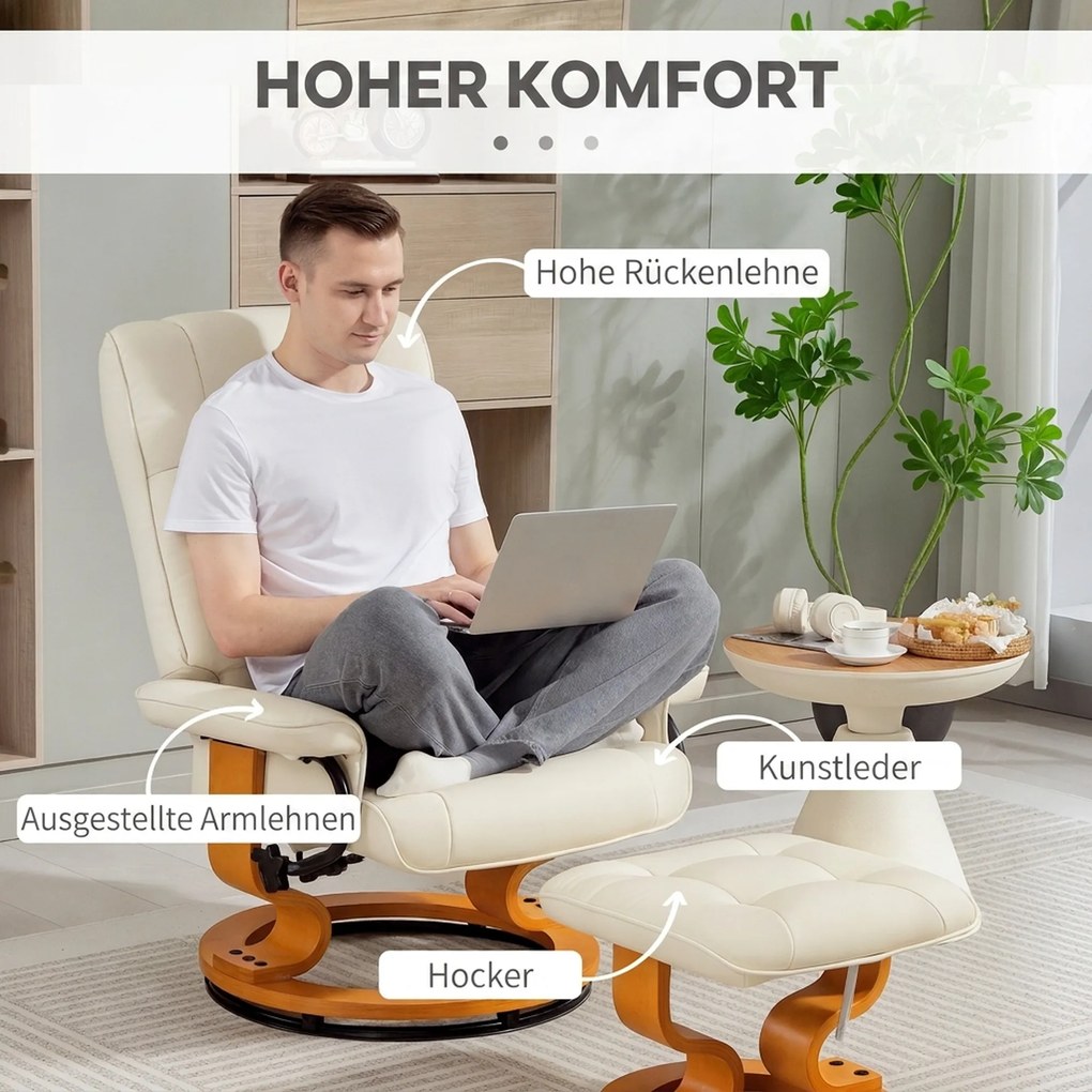 HOMCOM Relaxační křeslo s podnožkou, otočné a sklopné, potah z umělé kůže, do 150 kg, dřevěný rám, krémově bílá