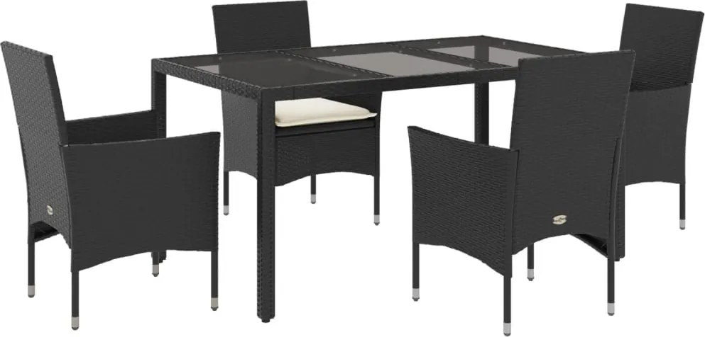 5dílný zahradní jídelní set s poduškami černý polyratan a sklo 3278539