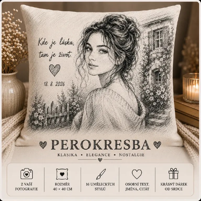 Personalizovaný polštář z fotografie – umělecký portrét 45 × 45 cm Styl portrétu:: Romantická ilustrace