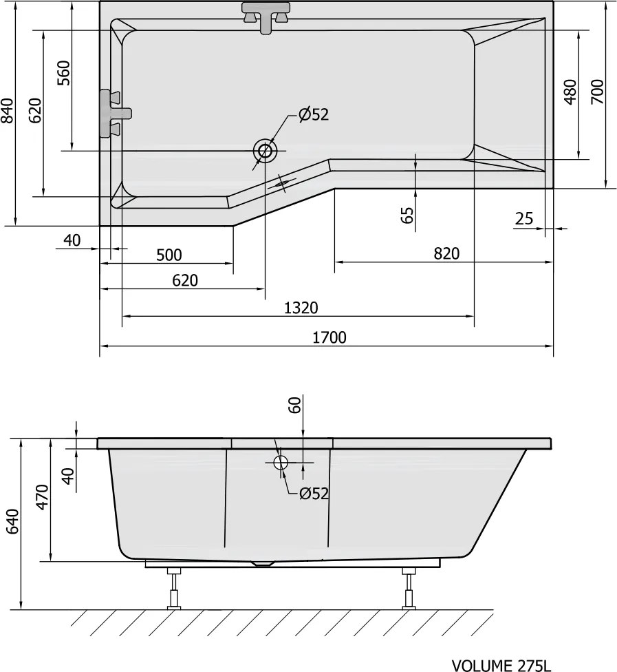 Polysan Polysan, VERSYS L asymetrická vana 170x84x70x47cm, bílá, 70111