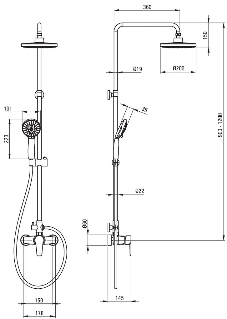 Deante Corio, sprchová sada s 5-funkční ruční sprchou a dešťovou sprchou, chromová, NAC_019M