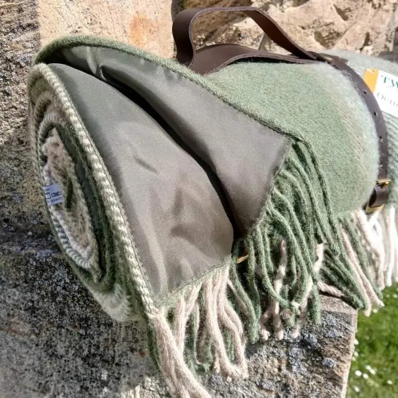 Pikniková vlněná deka Polo Block Check Olive, kožené popruhy, 183x150 cm Tweedmill