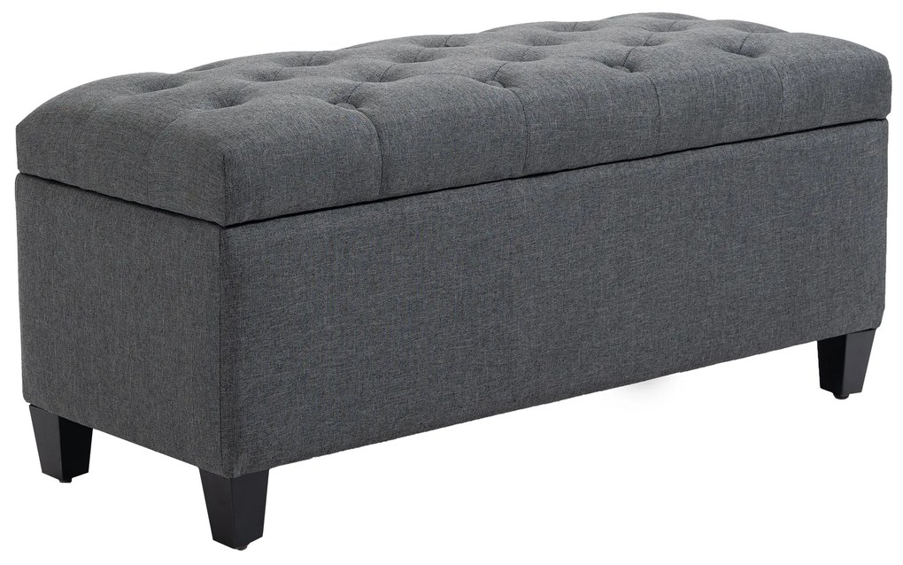 HOMCOM Lavice čalouněná s úložným prostorem 100 x 40 x 44 cm, truhlicová lavice z polyesteru připomínajícího len a kaučukového dřeva v tmavě šedé bar…