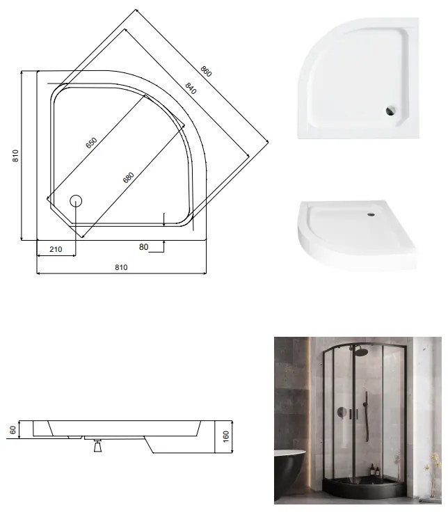 Besco Zarya čtvrtkruhový sprchový kout s vaničkou Alex, black Rozměr koutu: 90x90cm