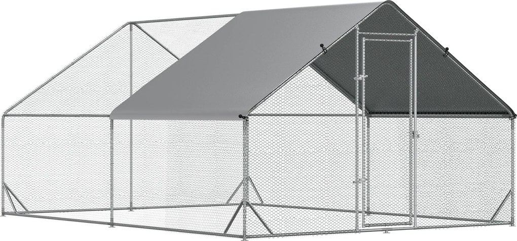 PawHut Venkovní Kurník s Běžeckou Klecí, Ocel, 300 x 400 x 200 cm Kurník s Krytem, Dveřmi, Běh pro 8-12 Kura, Malá Zvířata, Stříbrný | Aosom