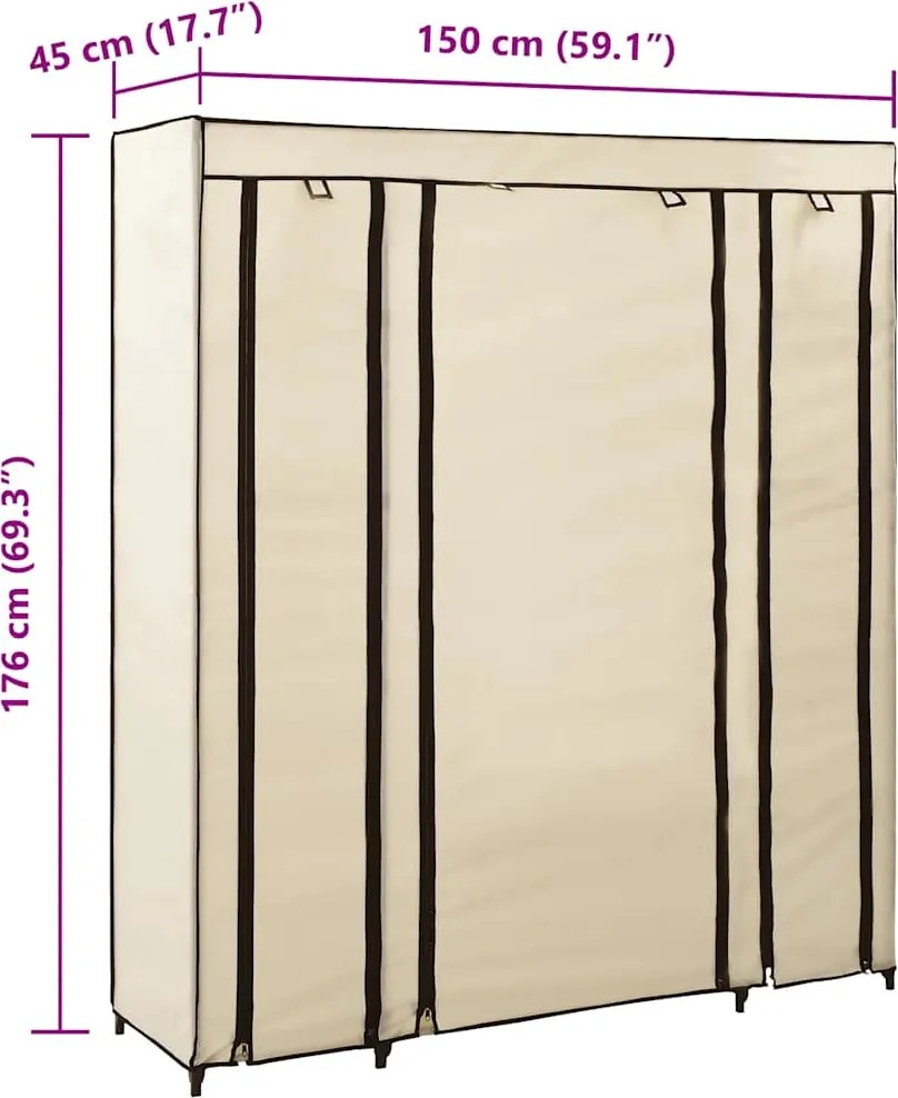 Šatní skříň s přihrádkami a tyčemi krémová 150x45x176 cm textil 282435