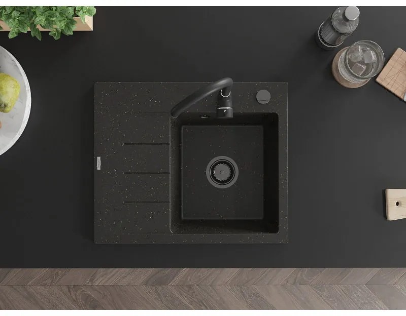 Mexen Ben, 1-komorový granitový dřez 600x500x190 mm, pravý + černý sifon, černá-zlatá metalíza, 6523605000-75-B