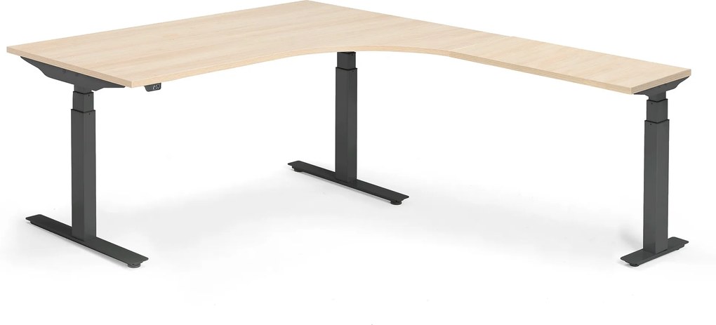 AJ Produkty Výškově stavitelný stůl Modulus, rohový, 1600x2000 mm, černý rám, dub
