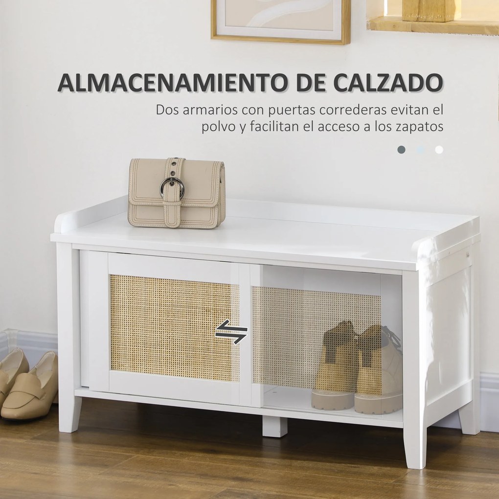 HOMCOM Botník se Sedadlem, Botový Kabinet se Sedací Ploché 2 Ratanové Dveře, Bohemian Styl, Nosnost 130 kg, pro Předsíň, 80x35x45 cm Bílá a Přírodní
