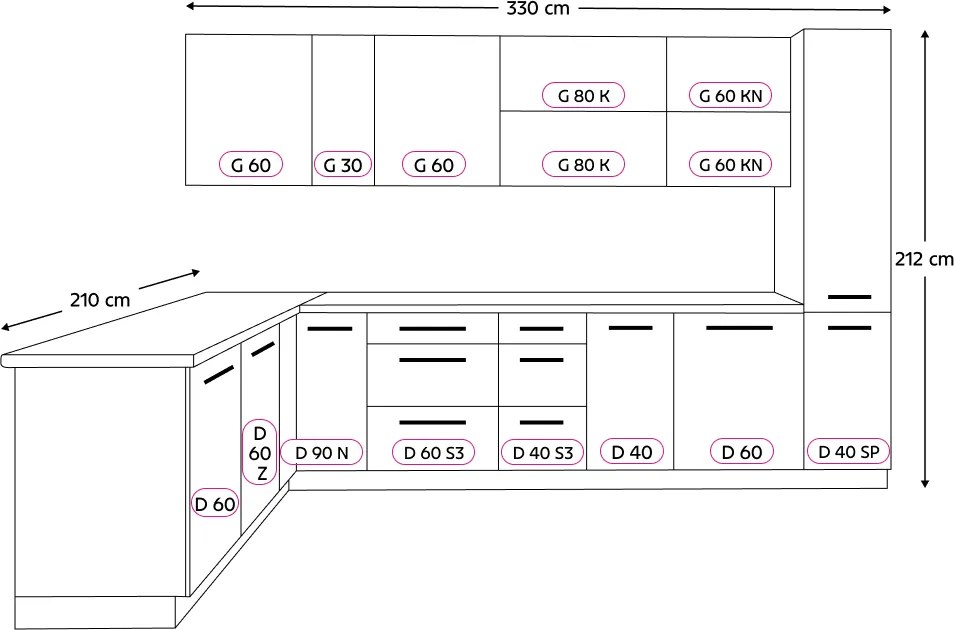 Rohová univerzální kuchyňská linka, dub artisan/šedá/černý vulkán, 330x210, LANGEN