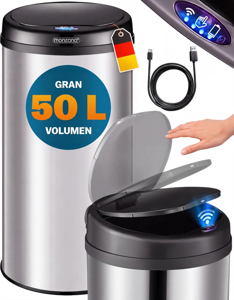 Senzor Odpadkový koš stříbrná nerezová ocel 50L