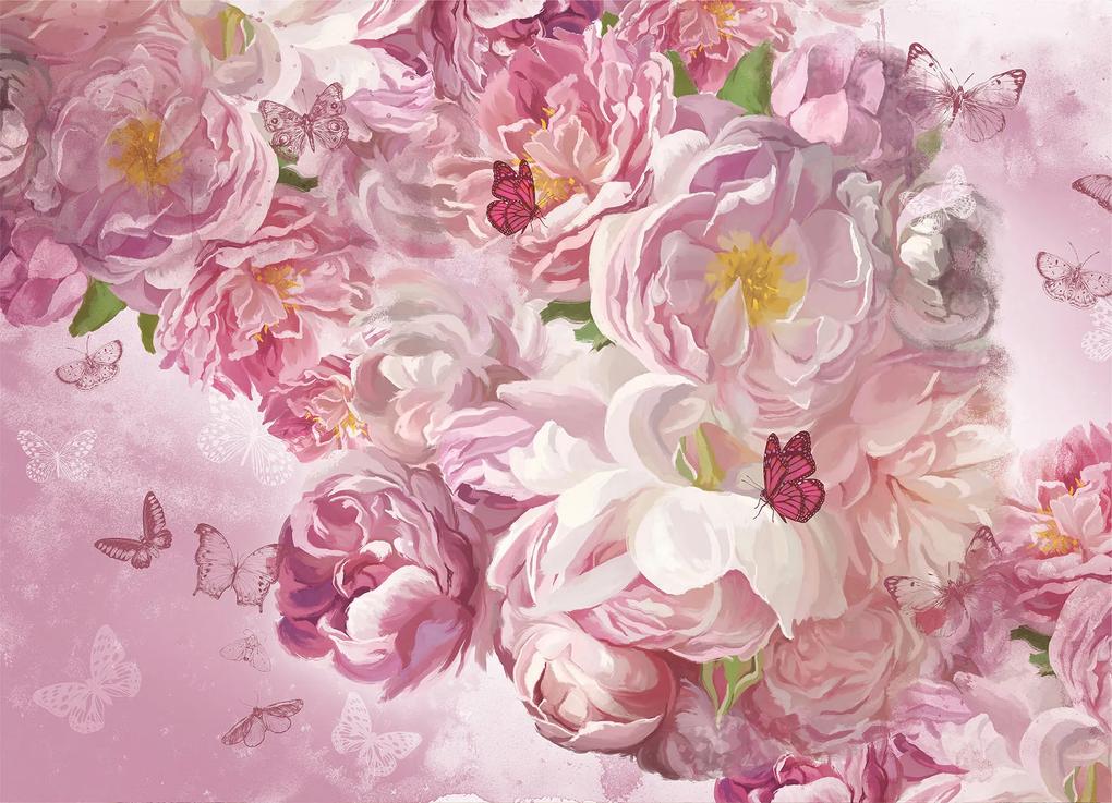 Malvis ® Tapeta růžové květy s motýly Vel. (šířka x výška): 216 x 140 cm
