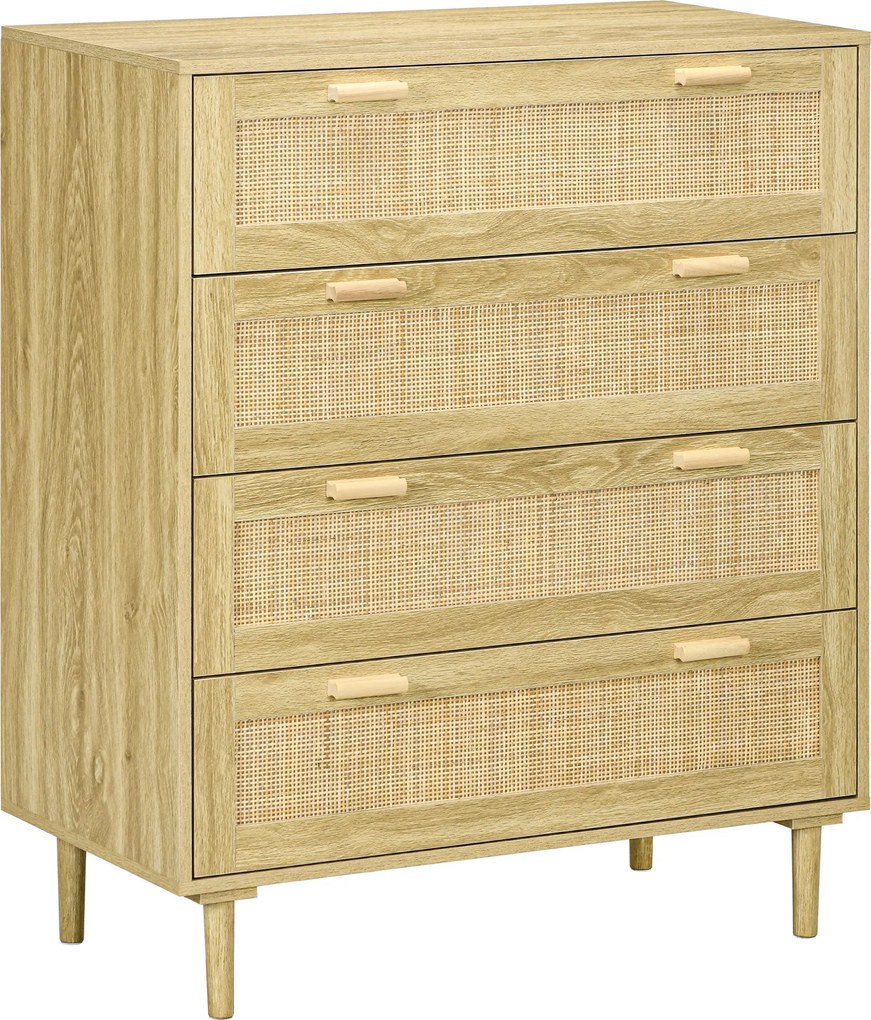 HOMCOM Komoda s 4 zásuvkami v boho stylu s ratanovým předním panelem, světle dřevěná, 90Š x 45H x 108,5V cm | Aosom