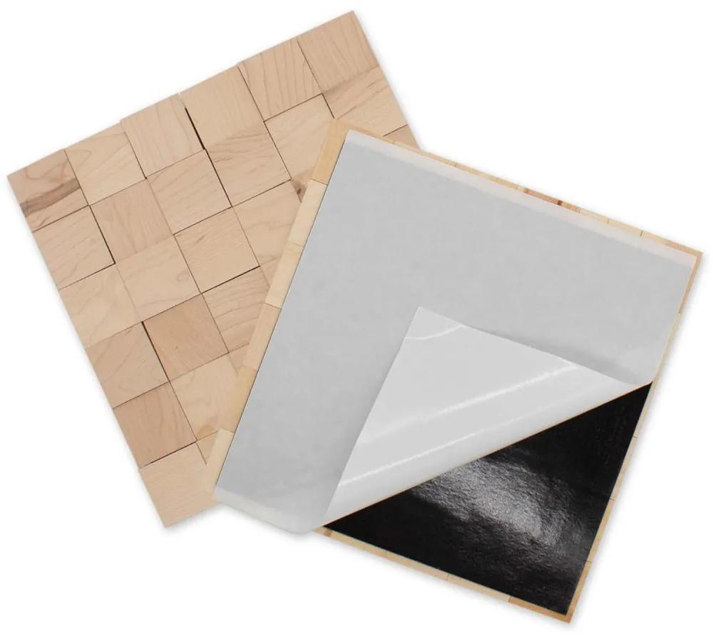 JAVOR 50, jednotlivé kusy 50 x 50 mm (0,0025 m²) nebo samolepící panel 300 x 300 mm (0,09 m²) - dřevěná mozaika 3D Broušený - olejovaný NA SAMOLEPÍCÍM PODKLADU