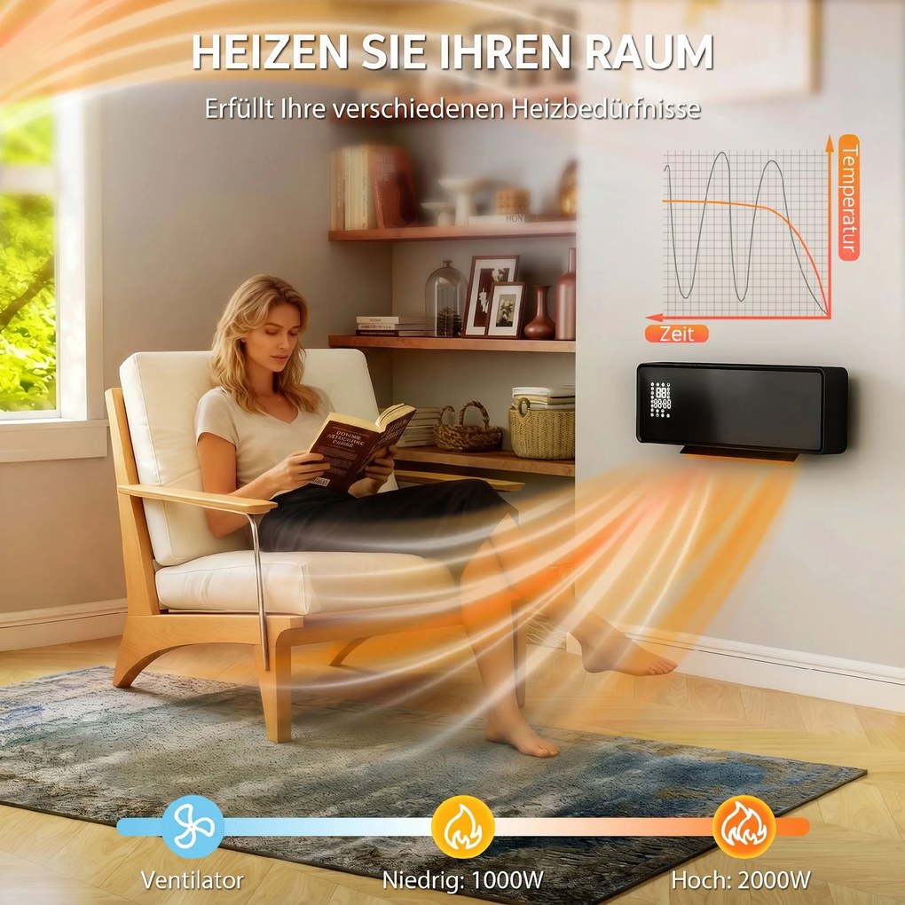 HOMCOM Nástěnný keramický elektrický ohřívač 2000 W, ventilátor, termostat, časovač, dálkové ovládání, skleněný panel, černý