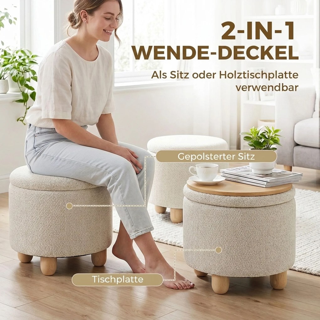 HOMCOM Stolička s úložným prostorem, kulatá sedací stolička s víkem, vzhled lnu pro obývací pokoj, ložnici, 38,5x38,5x33,5 cm Béžová