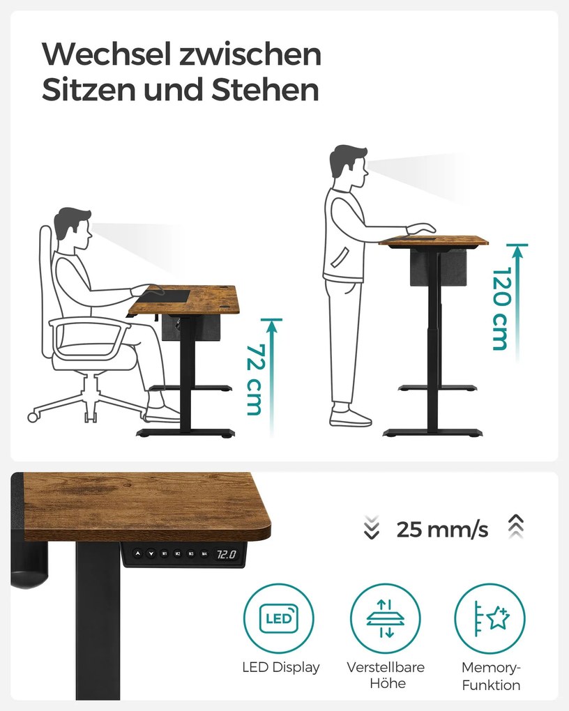 Songmics Kancelářský stůl výškově nastavitelný, rustikální, 120 x 60 x 72-120 cm LSD015KD01