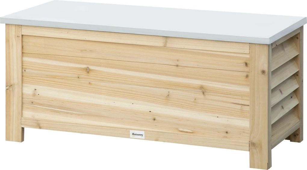 Outsunny Zahradní Úložný Truhla 155L s Pozinkovaným Víkem a Šikmým Designem pro Zahradu, Terasu či Balkon 110x50x50 cm Přírodní Dřevo | Aosom