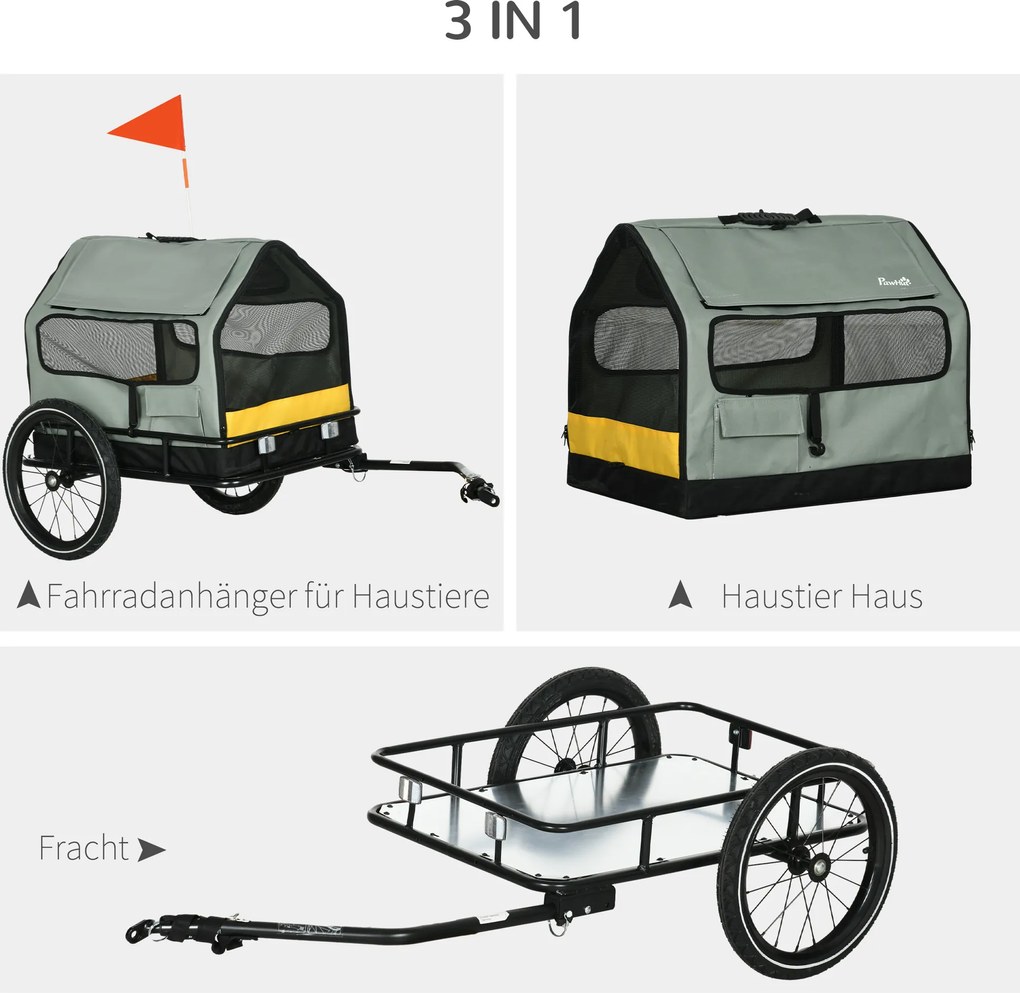 Přívěs pro psy PawHut 3 v 1, přívěs na kolo s odrazkami pro malé psy do 10 kg, Oxford Grey |