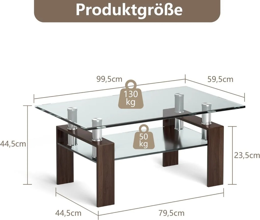 Costway Konferenční stolek ze skla, se spodní policí – 99,5 × 59,5 × – průhledný