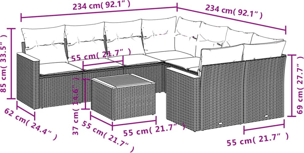 9dílná zahradní sedací souprava s poduškami šedá polyratan 3258231