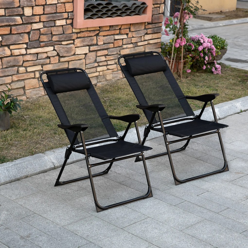 Outsunny Sada 2 skládacích židlí, skládací lehátko, odolné proti povětrnostním vlivům, 5 poloh nastavitelného opěradla, kovový rám, černá barva