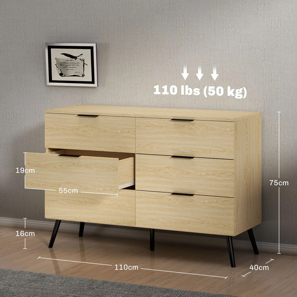 HOMCOM Komoda se 6 zásuvkami Moderní design s protišmykovým zajištěním 110Š x 40H x 75V cm Dřevěný vzhled