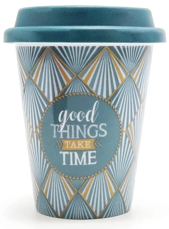 Porcelánový cestovní hrnek Přepych chce svůj čas, 220 ml – s Art Deco designem a tyrkysově zelenými detaily