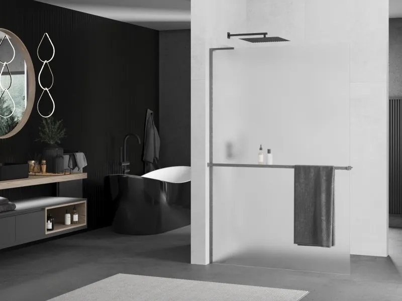 Mexen Kioto+ L, sprchová zástěna Walk-In s poličkou a věšákem 90 x 200 cm, 8mm sklo námraza, grafitový profil, 800-090-123-66-30