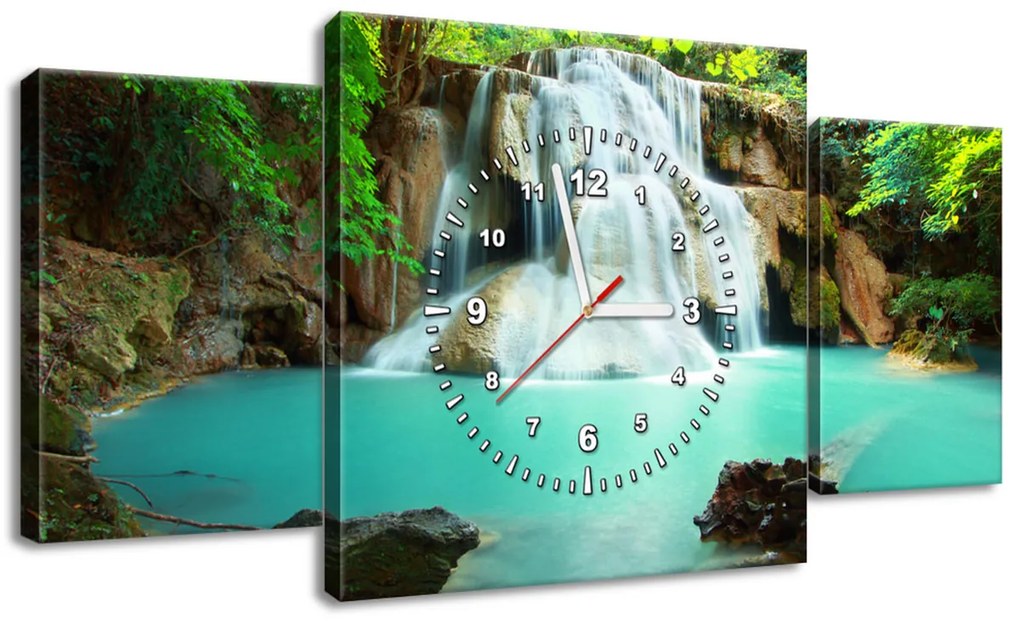 Gario Obraz s hodinami Vodopád v Thajsku - 3 dílný Rozměry: 90 x 70 cm