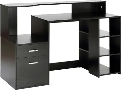 HOMCOM psací stůl s regálem, počítačový stůl, kancelářský stůl s deskou pro tiskárnu, zásuvkou, MDF, kov, černý, 137 x 55 x 92 cm