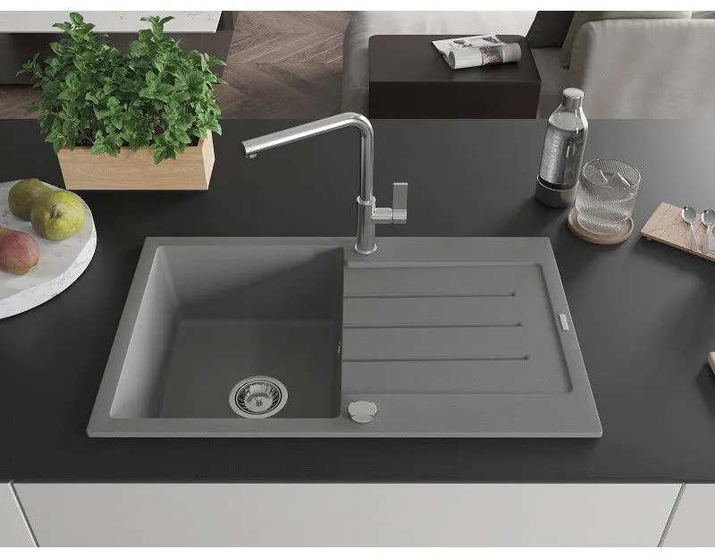 Mexen Bruno, 1-komorový granitový dřez 795x495x200 mm a dřezová baterie Flora, šedá, 6513-71-670401-00