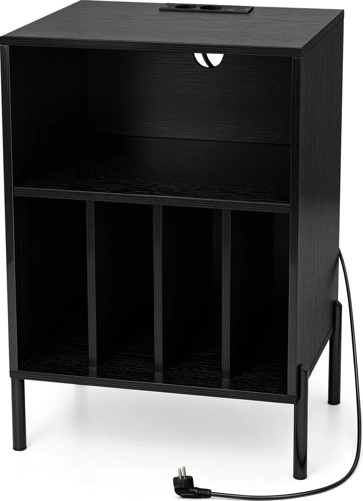 Costway Stolek na gramofon s nabíjecí stanicí a přihrádkami, černý