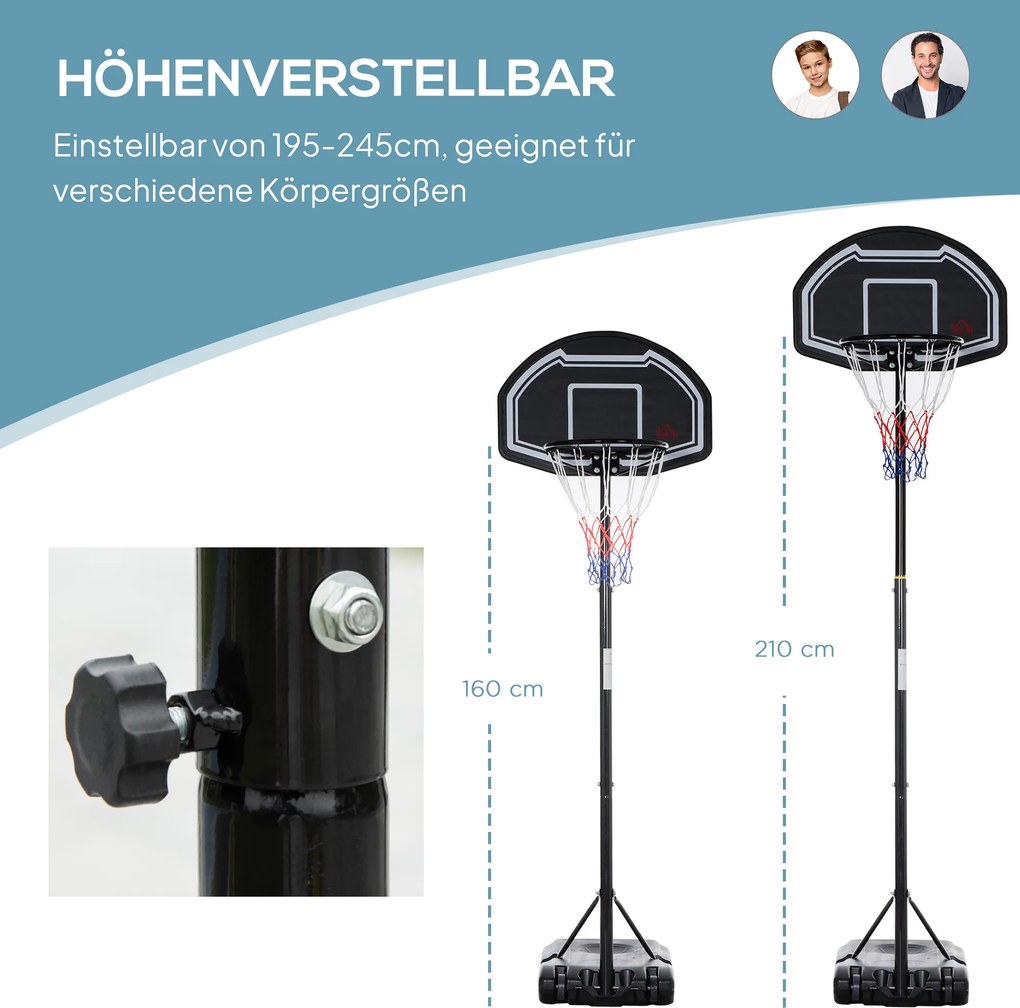 HOMCOM Venkovní basketbalový koš pro teenagery, 160-210 cm Výškově nastavitelný basketbalový stojan s kolečky