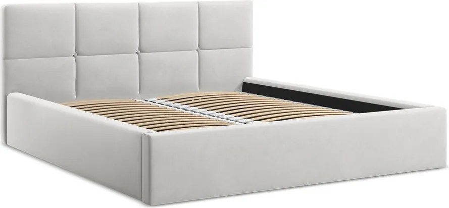 Světle šedá sametová čalouněná dvoulůžková postel s úložným prostorem s roštem 140x200 cm Hiko – Makamii