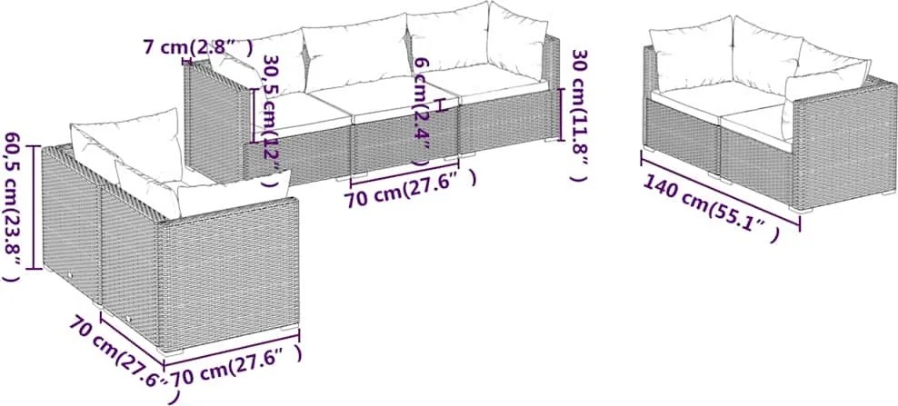 7dílná zahradní sedací souprava s poduškami polyratan hnědá 3102267