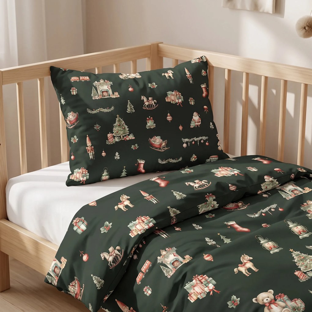 Perkálové bavlněné povlečení do postýlky Vánoční radosti - tmavě zelené Velikost: 95 x 130 + 45 x 65
