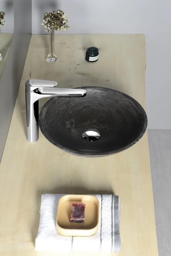 Sapho, BLOK 1 kamenné umyvadlo průměr 40cm, matný tmavý kámen, 2401-02