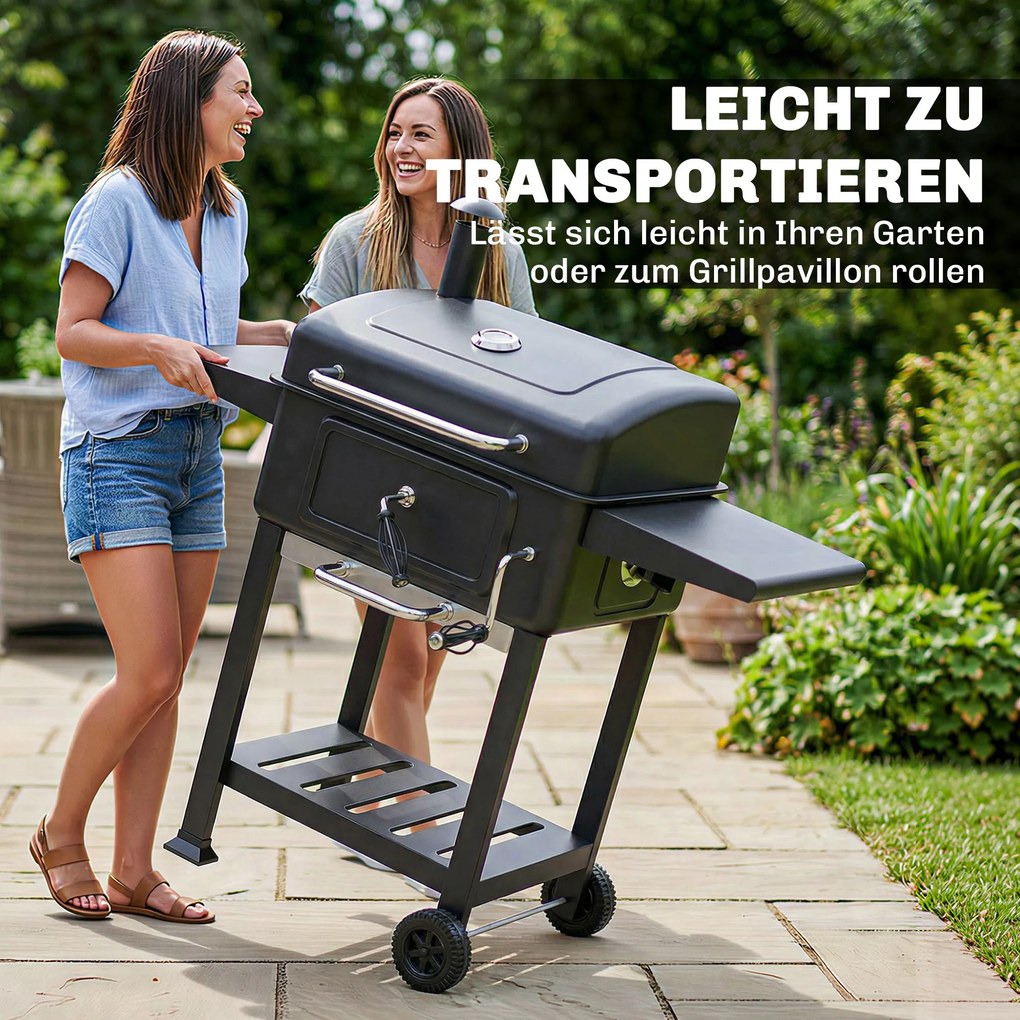 Outsunny Gril na dřevěné uhlí BBQ udírna s víkem Teploměr výškově nastavitelná pánev na dřevěné uhlí Komín Grilovací rošt Boční stolek Popelník