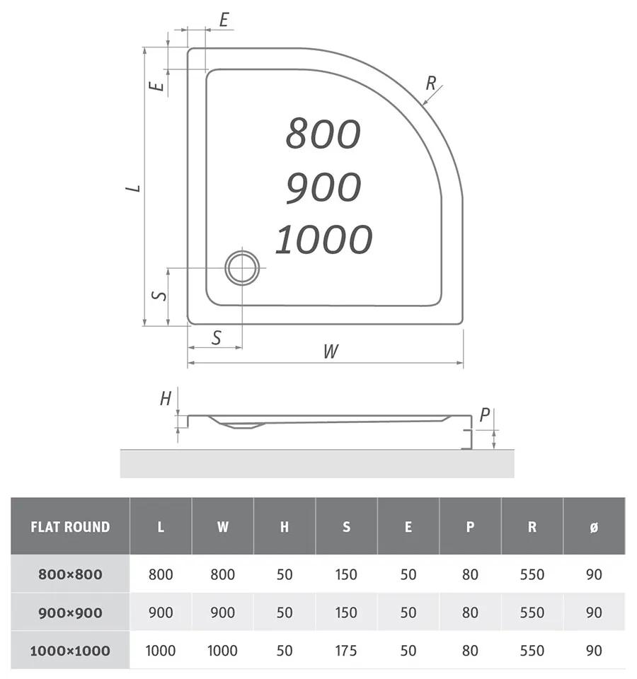 ROTH FLAT ROUND sprchová vanička 900x900x50mm, R550, čtvrtkruhová, akrylátová, bílá, 8000116