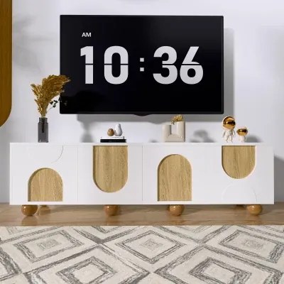Aosom TV skříňka se 4 dveřmi, minimalistický design s dřevěným dekorem a bílou úpravou, 175 x 38 x 50 cm, přírodní barva+ bílá