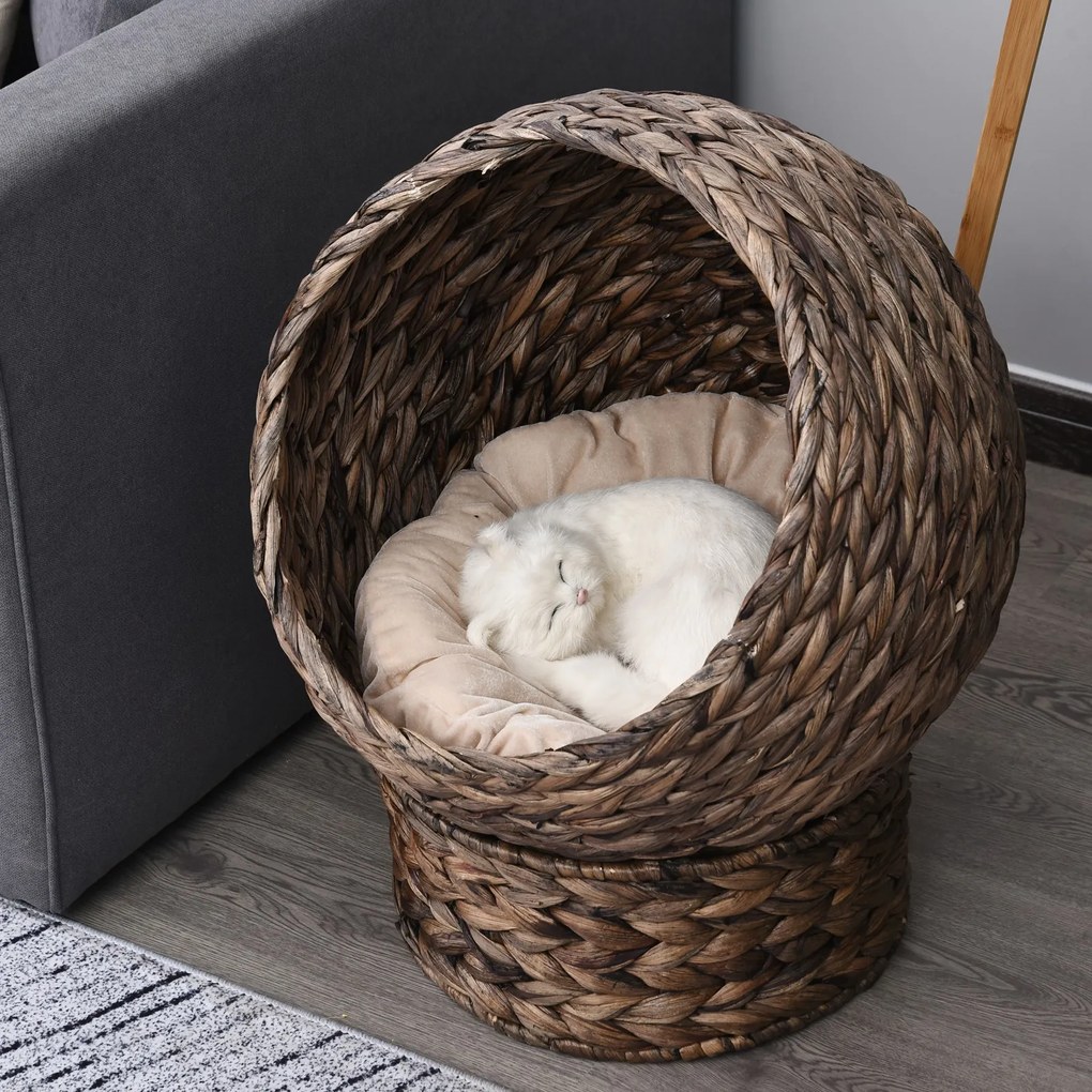 PawHut ratanový koš pro kočky útulná kočičí jeskyně z vodního hyacintu tmavě hnědá 50x42x60cm ideální do obývacího pokoje