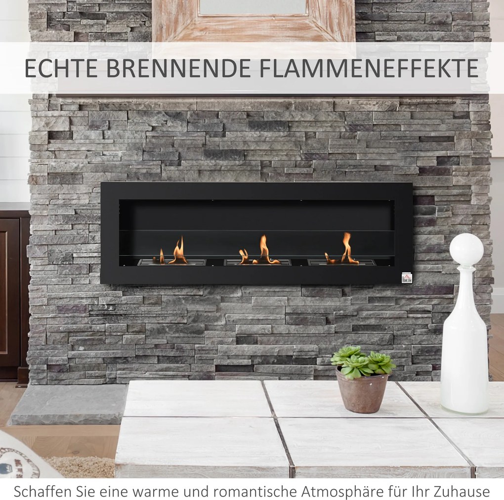 HOMCOM Ethanolový krb Bio-Ethanol hořák 3 hořáky 1 l 3 hodiny doba hoření 2000 W bez kouře, nástěnný, ocel, tvrzené sklo, černá, 120 x 15 x 40 cm