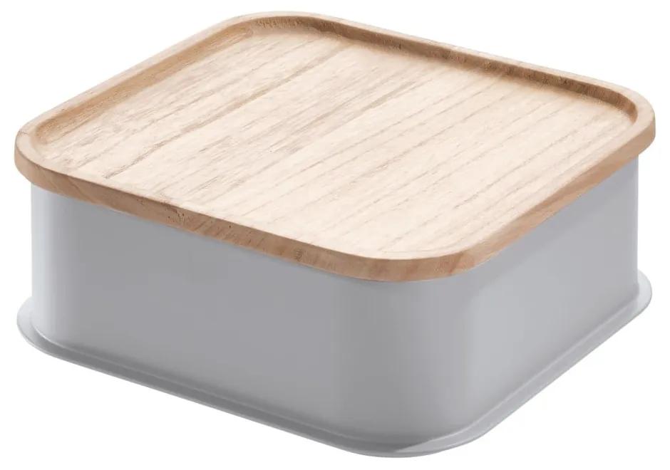 Šedý úložný box s víkem ze dřeva paulownia iDesign Eco, 21,3 x 21,3 cm