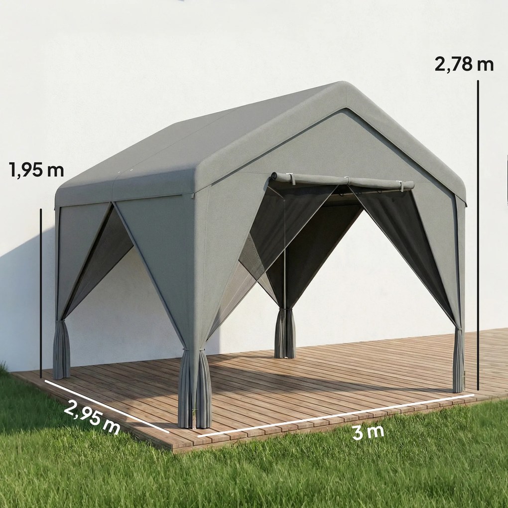 Outsunny zahradní pavilon 3 x 3 m se sítí proti komárům a závěsy, venkovní zastřešení s pozinkovaným ocelovým rámem, šedá