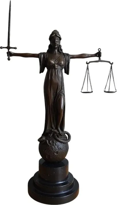 Spravedlnost bronzová socha 45cm, Justicie s váhami a mečem - Bohyně práva a spravedlnosti