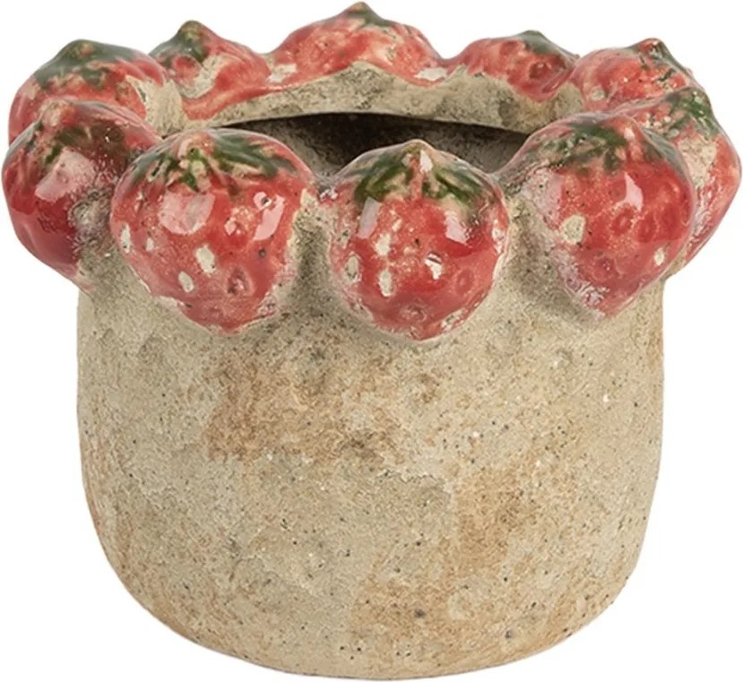 Béžový antik terakotový obal na květináč s jahůdkami M - Ø 15*12 cm
